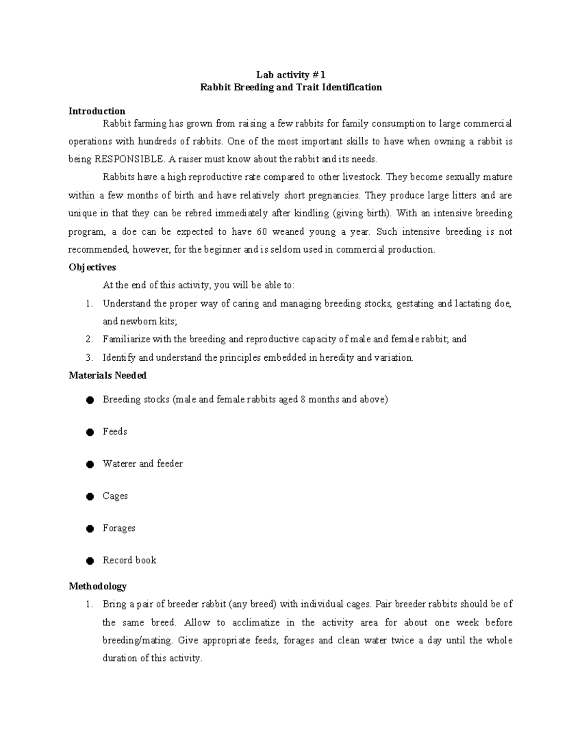 Animal Science Narrative - Lab activity # 1 Rabbit Breeding and Trait ...