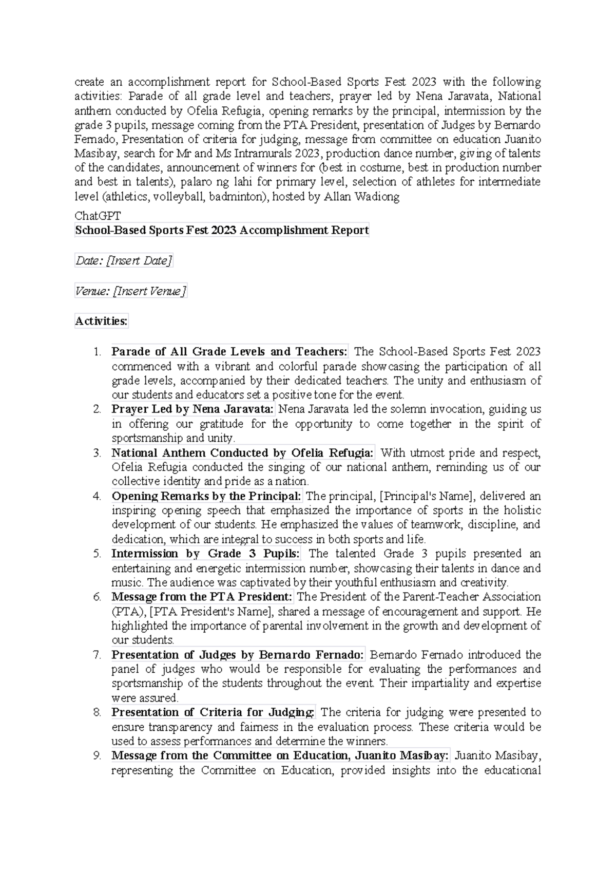 Accomplishment Report for School-Based Intramural 2023 Activities - Studocu