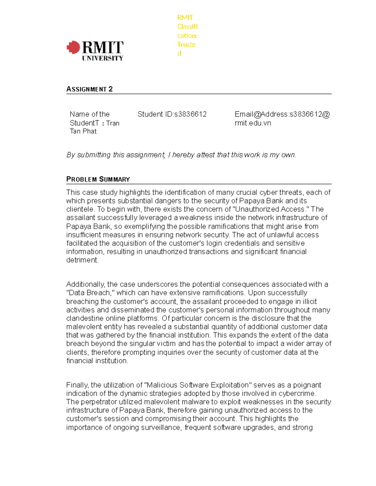 RMIT Classification: Trusted Assignment 2 - Cybersecurity Analysis of ...