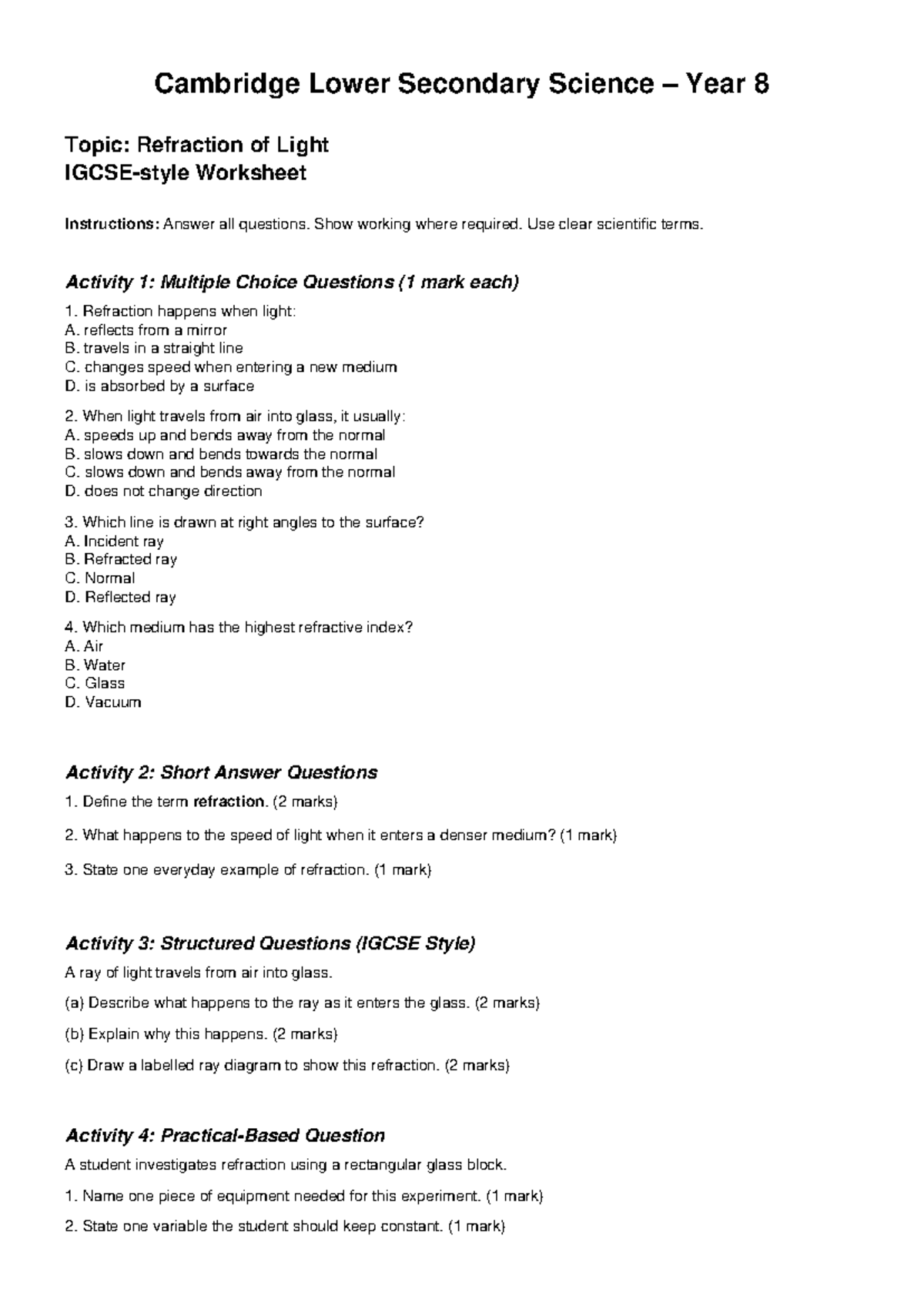 Year 8 Science IGCSE: Refraction of Light Worksheet - Studocu