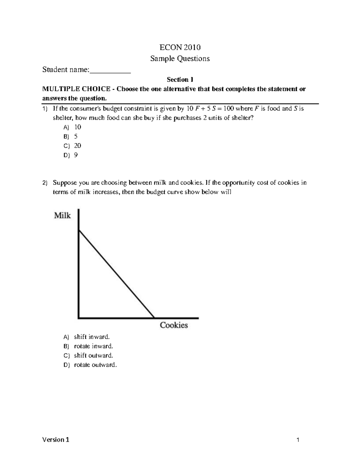 ECON 2010 Sample Test: Multiple Choice & Short Answer Questions - Studocu