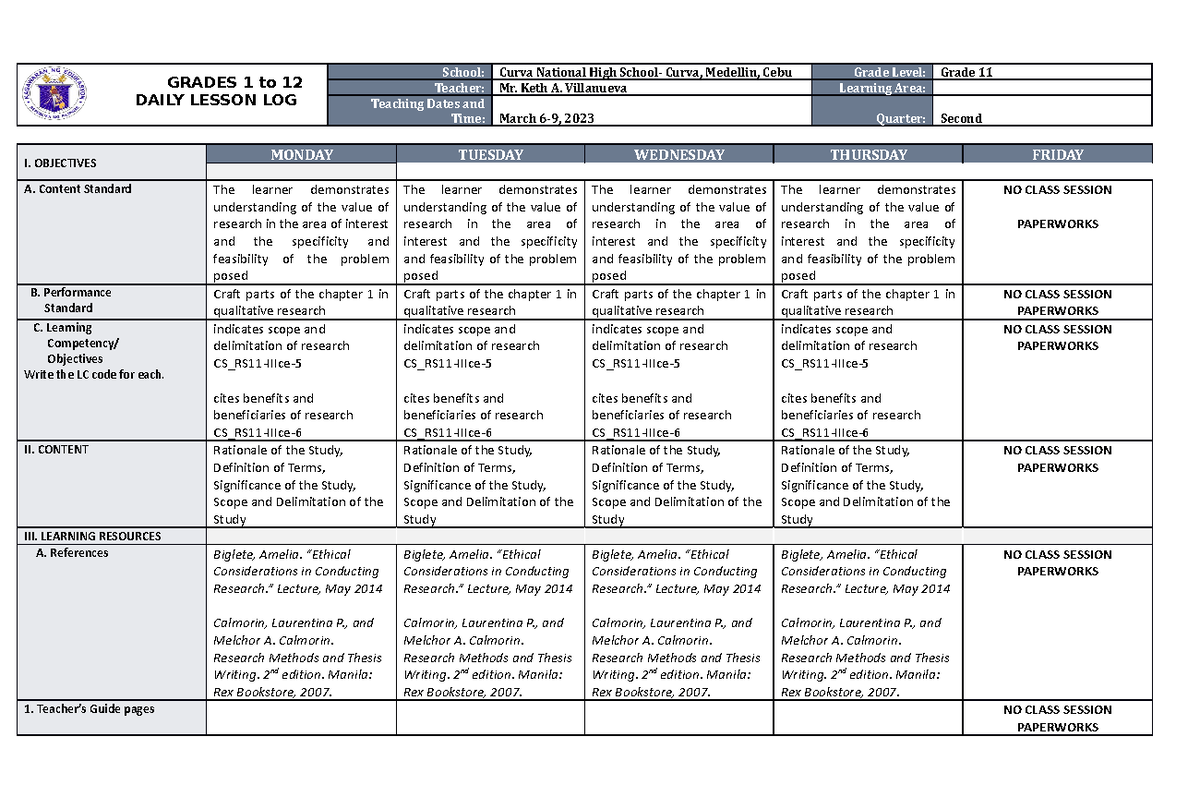 DLL in PR1 - Grade 11 - Daily Lesson Log for March 6-9, 2023 - Studocu