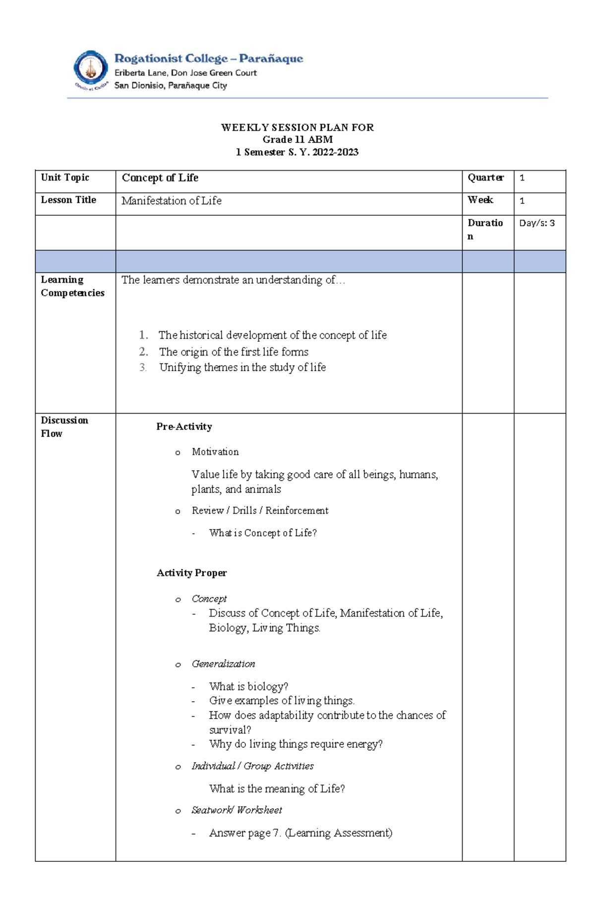 WEEKLY SESSION PLAN FOR GRADE 11 ABM 1: CONCEPT OF LIFE (W1) - Studocu