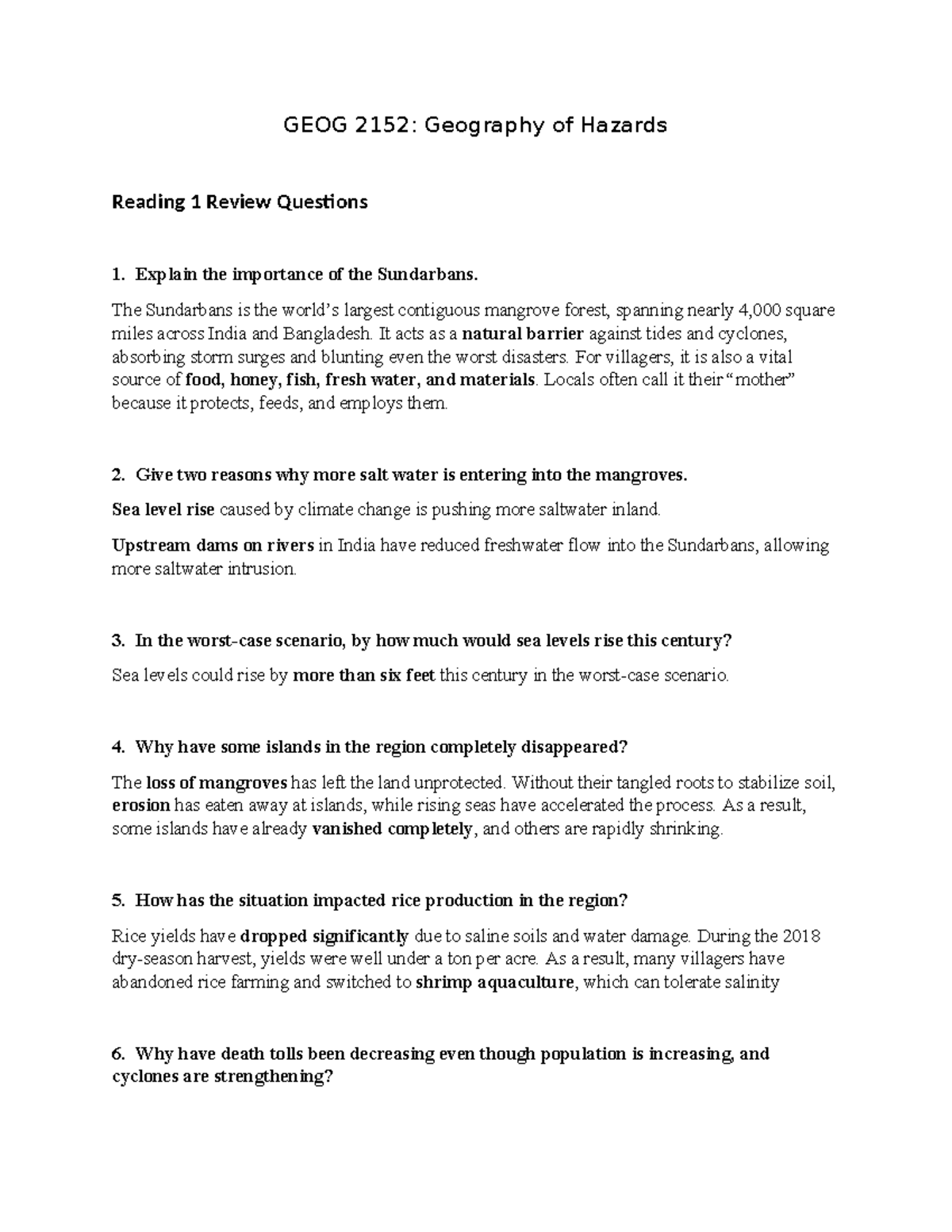 GEOG 2152: Geography of Hazards Reading 1 Review Questions - Studocu