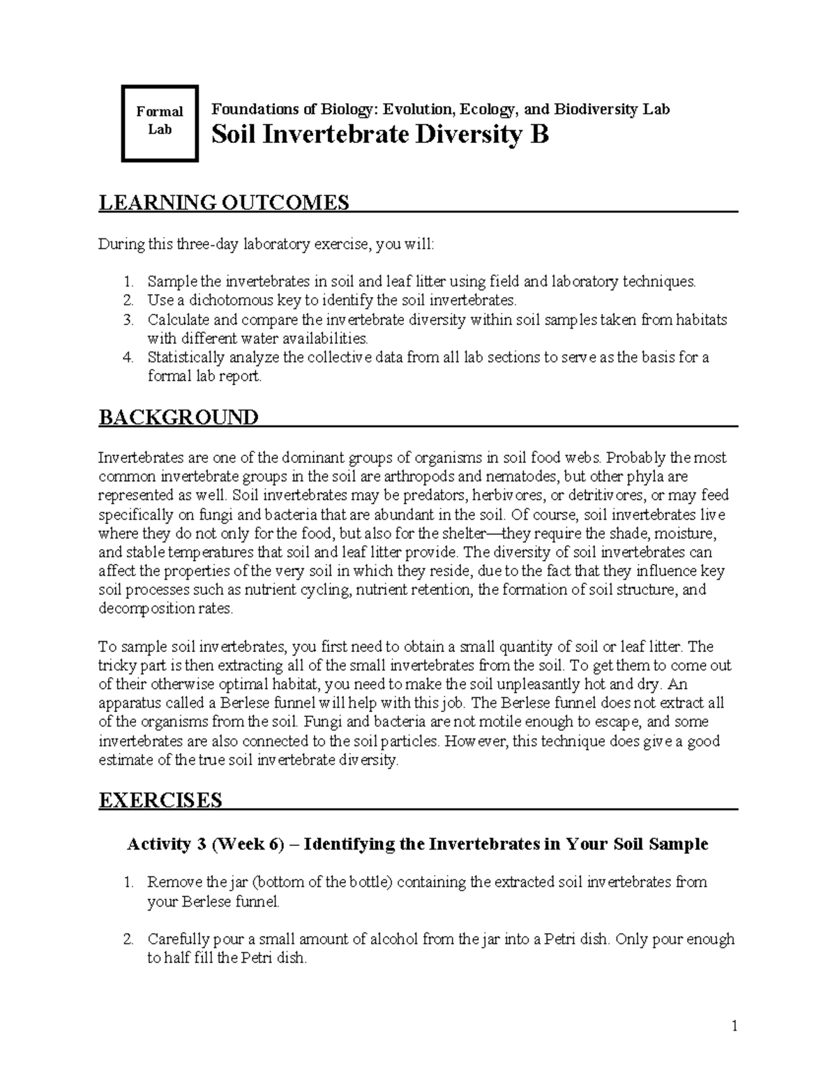 Formal Lab - Soil Invertebrate Diversity Part B - Foundations of ...