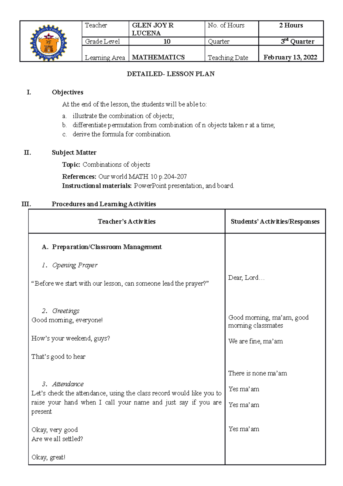 Detailed Lesson Plan: Combinations of Objects - MATHEMATICS 10 - Studocu