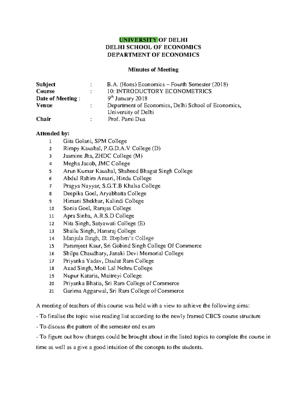 B.A. (Hons) Economics Sem IV: Minutes of Meeting on Introductory ...
