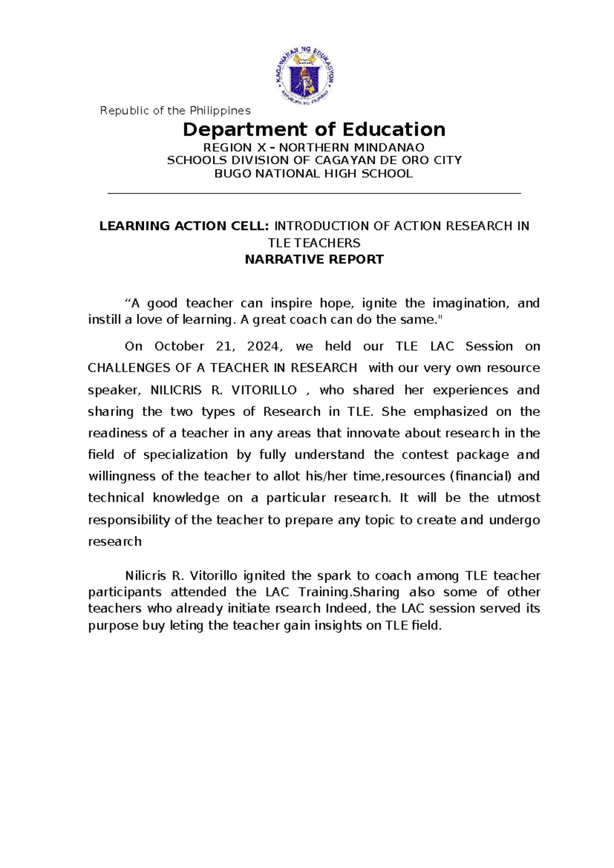 LAC Narrative Report on TLE Challenges - 09122024 - Studocu