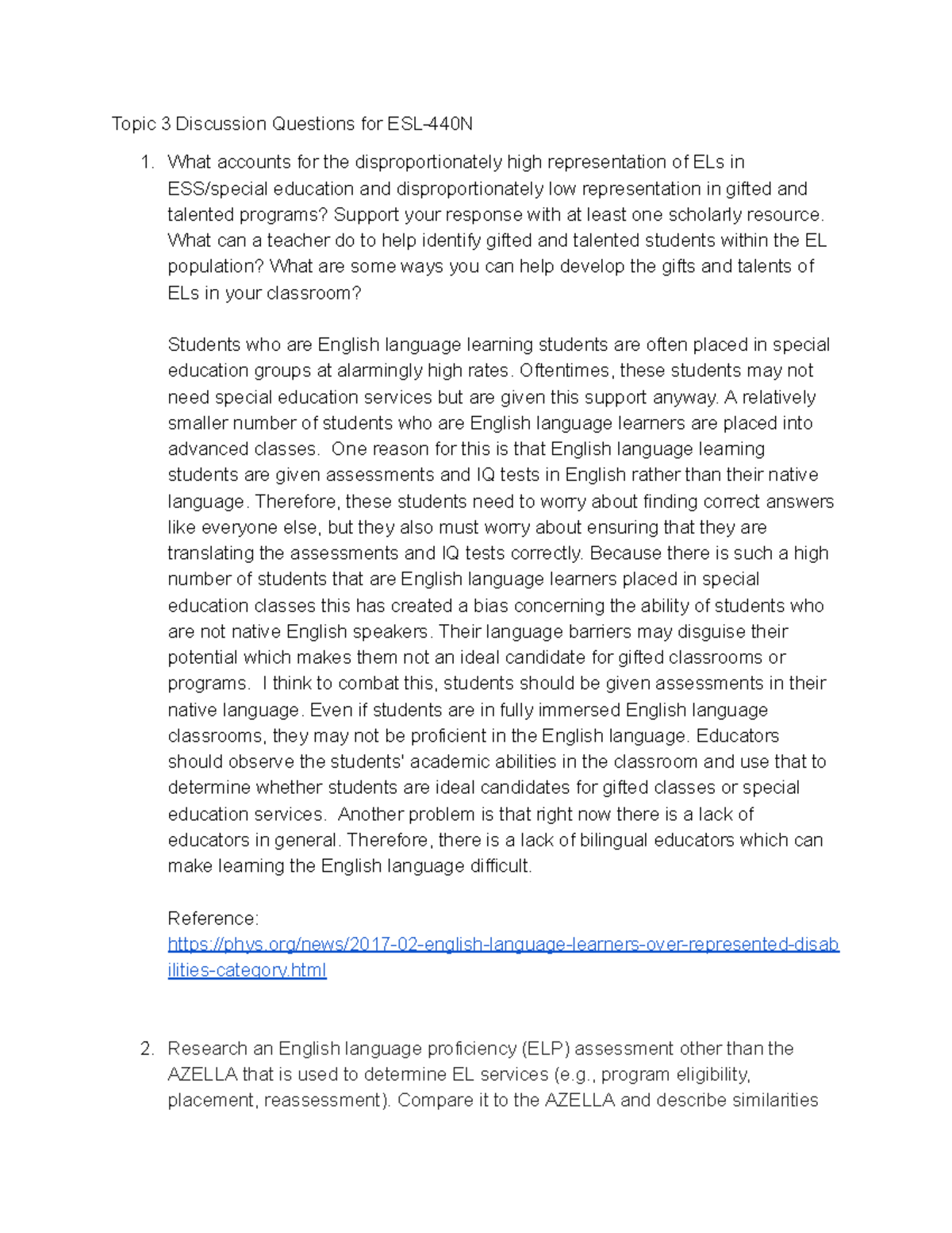 ESL440 T3: Discussion Questions on EL Representation & Assessment - Studocu