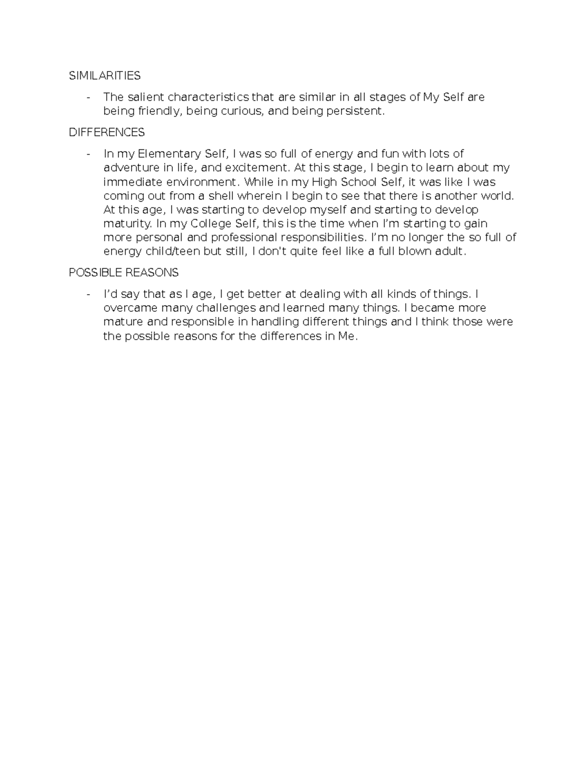 My Developmental Stages: Similarities and Differences Analysis - Studocu