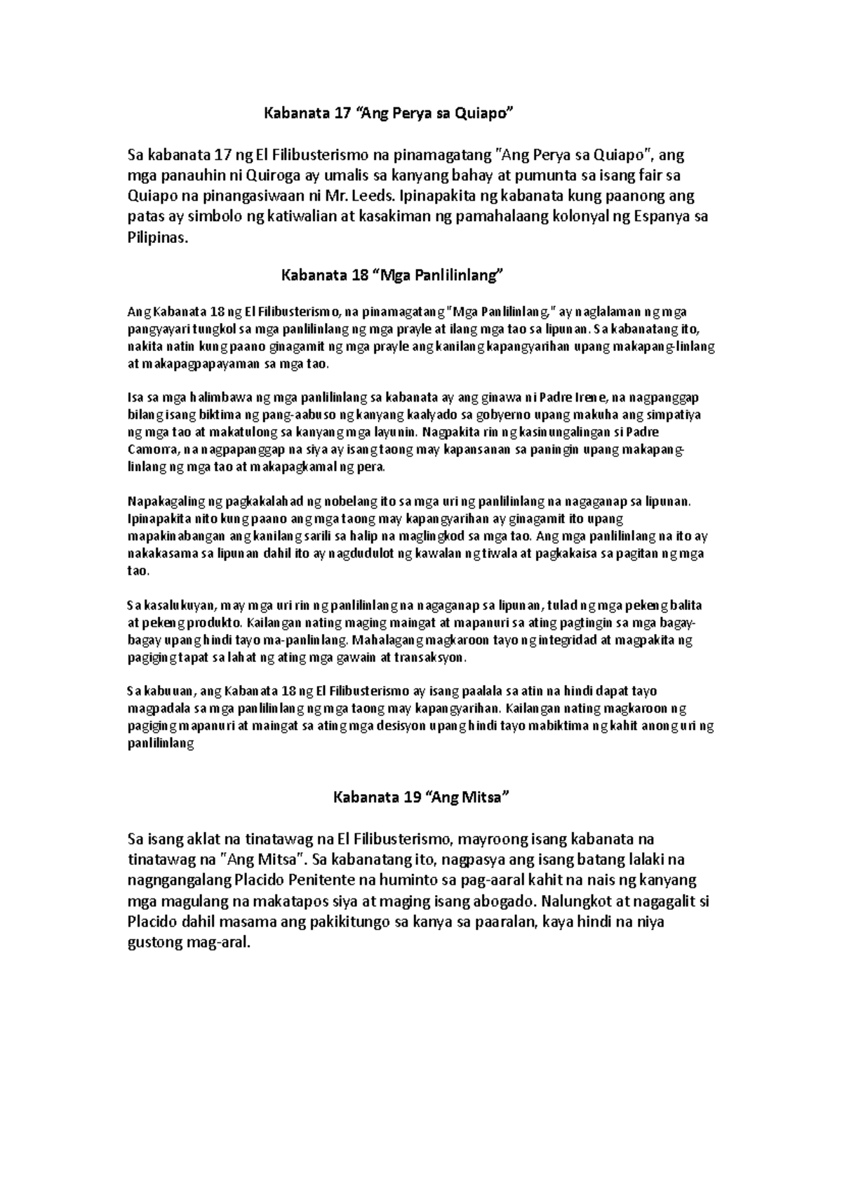El Filibusterismo: Kabanata 17-30 Buod at Pagsusuri - Studocu