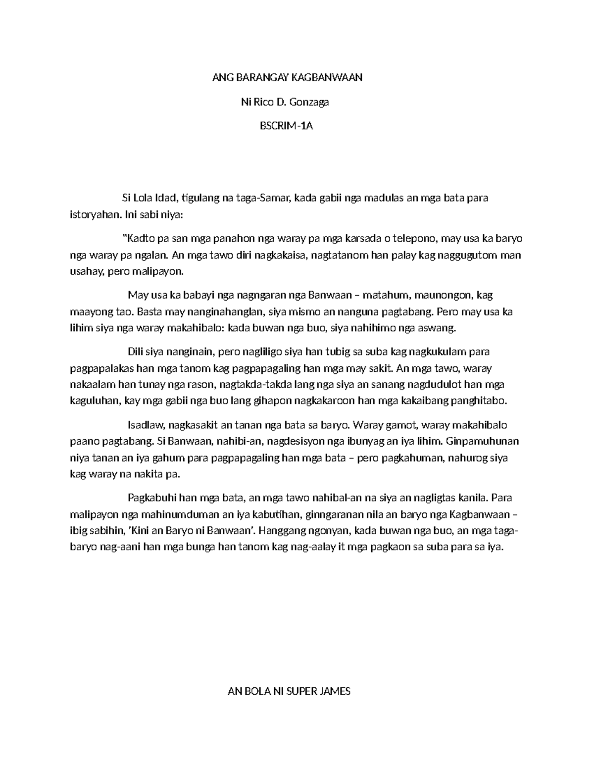 Kwentong Aswang sa Bayan: ANG BARANGAY KAGBANWAAN (Final Exam) - Studocu