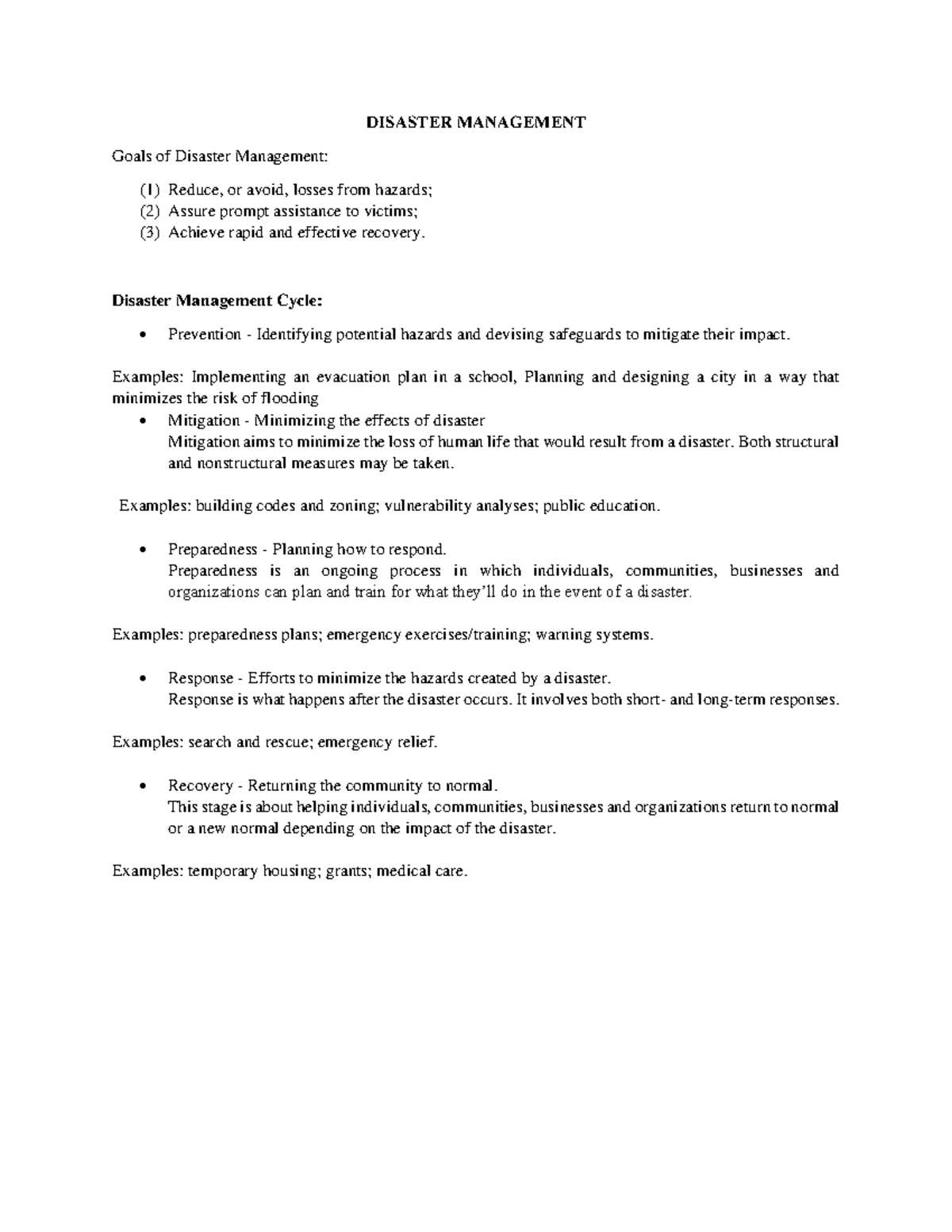 Disaster Management - Lecture notes 1-10 - DISASTER MANAGEMENT Goals of ...