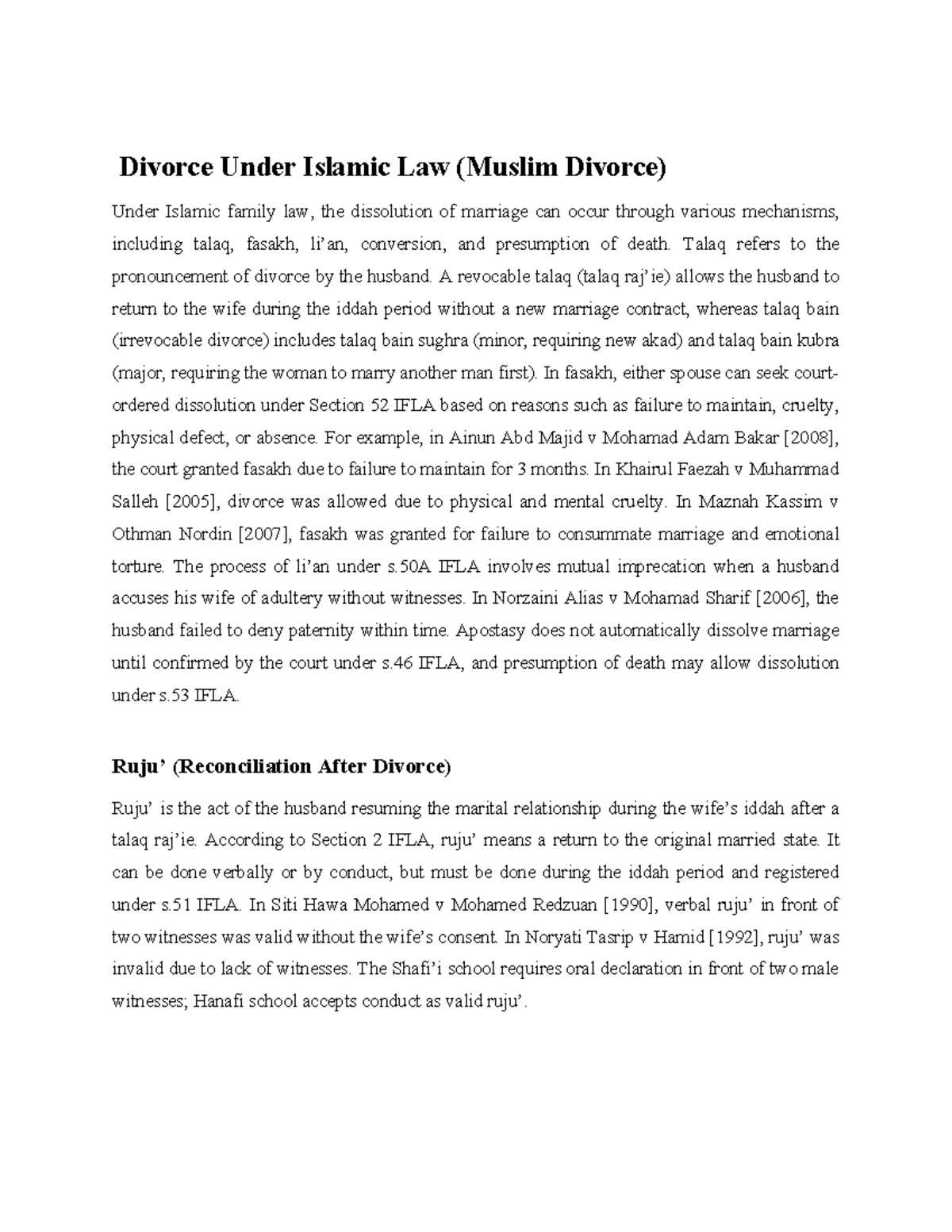 Family Law Notes: Divorce Under Islamic Law (IFLA) - Studocu