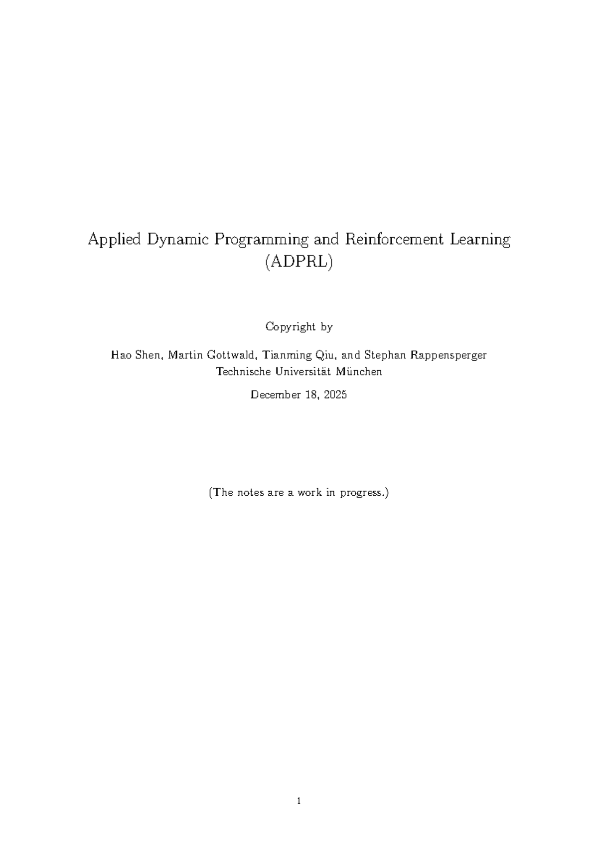Applied Dynamic Programming & Reinforcement Learning (ADPRL) Lecture ...