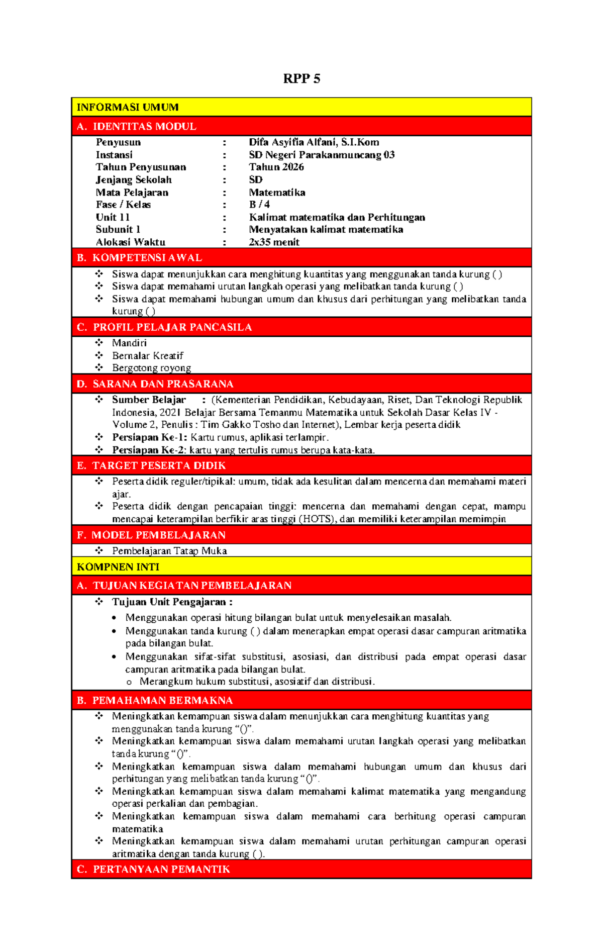 RPP 5: Modul Pembelajaran Matematika Kelas IV - Kalimat & Perhitungan ...