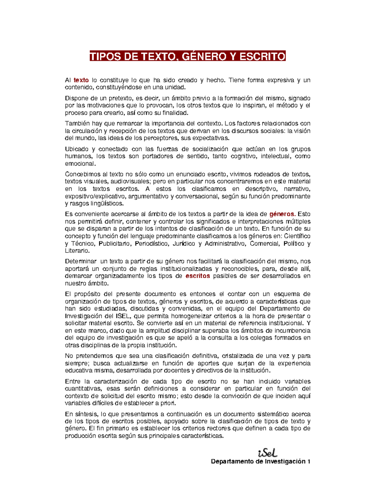 Tipos de Textos y Géneros para Exposición Grupal - ISEL - Studocu