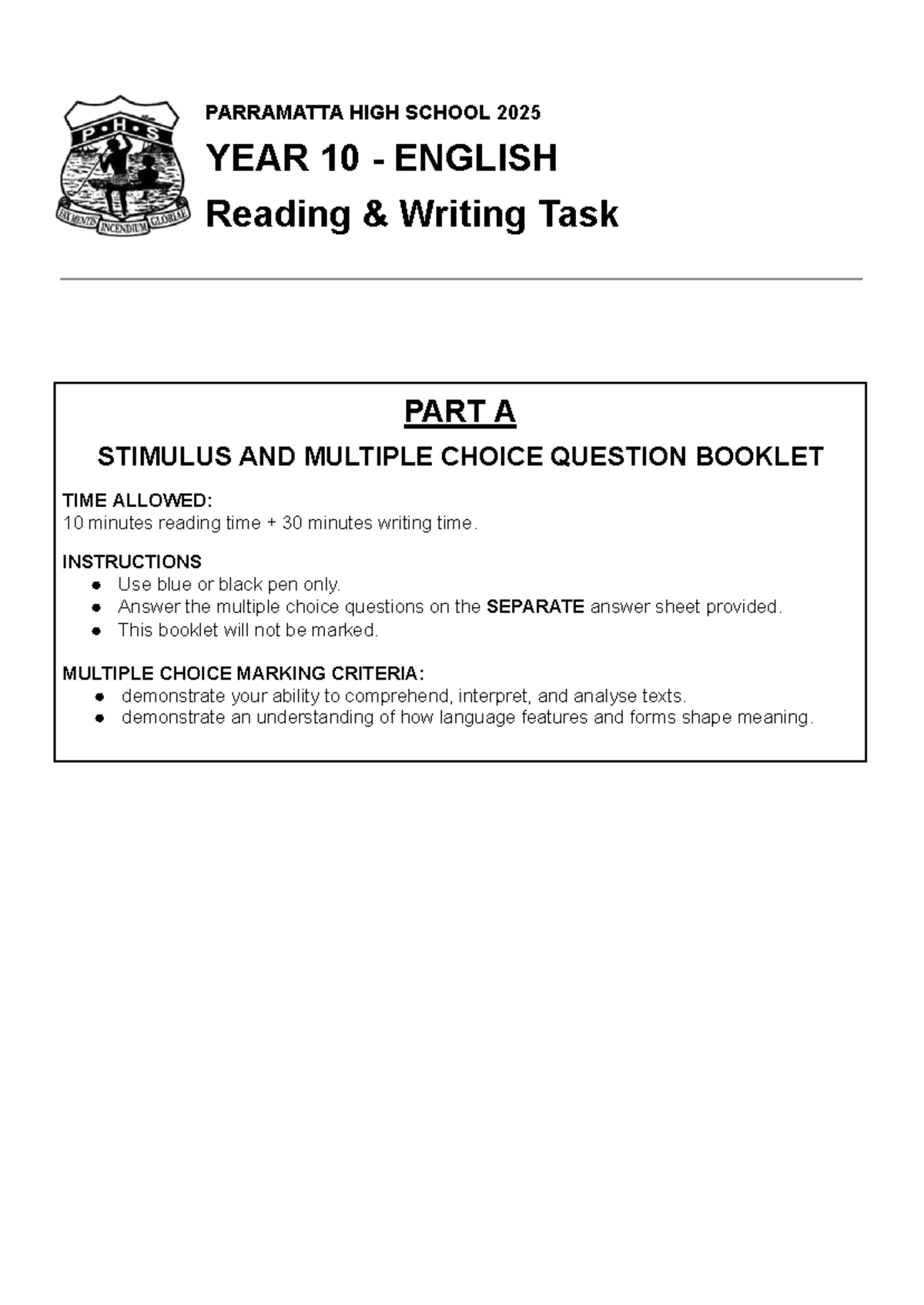 2025 Year 10 English Reading & Writing Task: Stimulus Booklet - Studocu