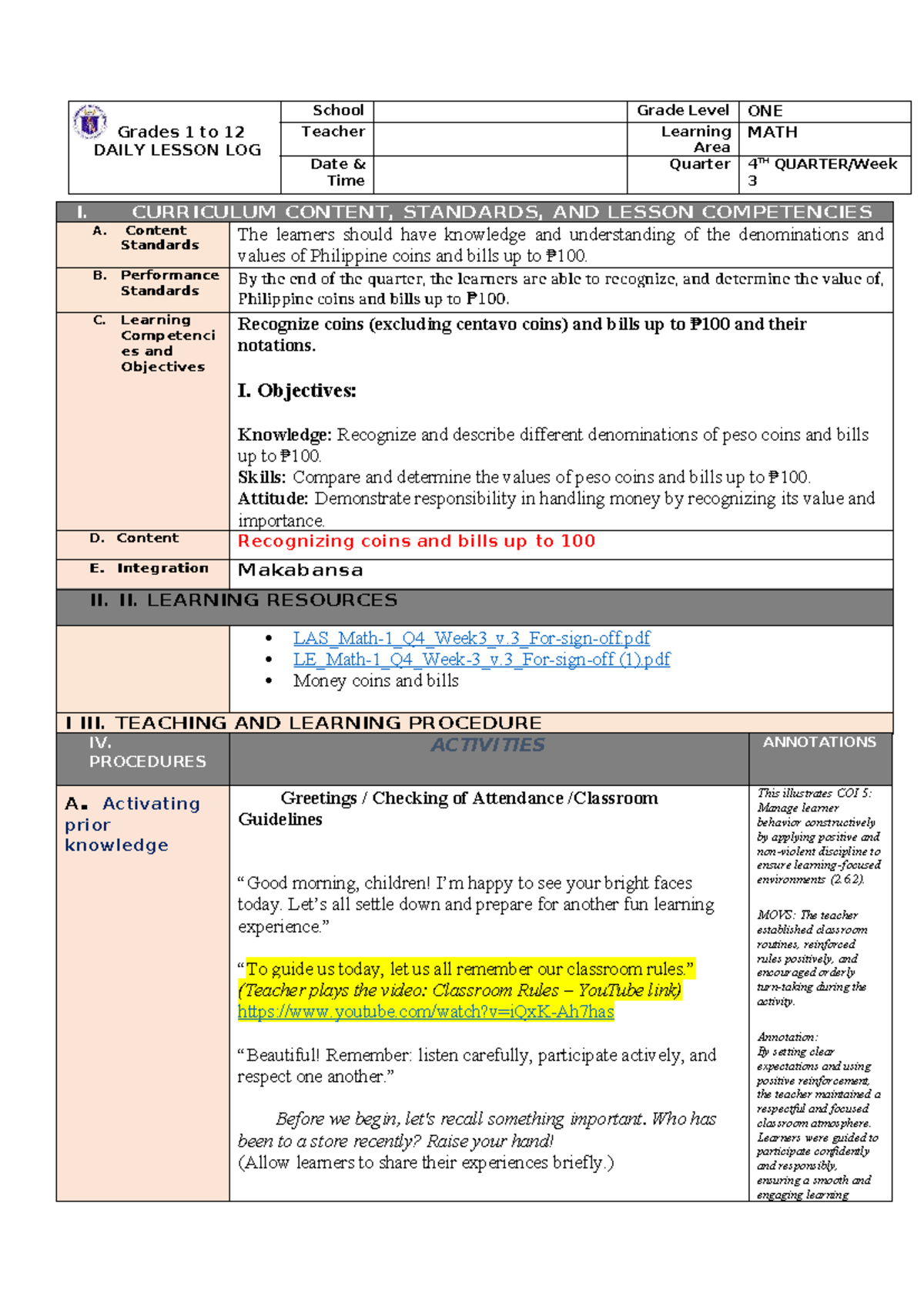 Math 1 Q4 Week 3 Lesson Plan: Understanding Peso Coins - Studocu