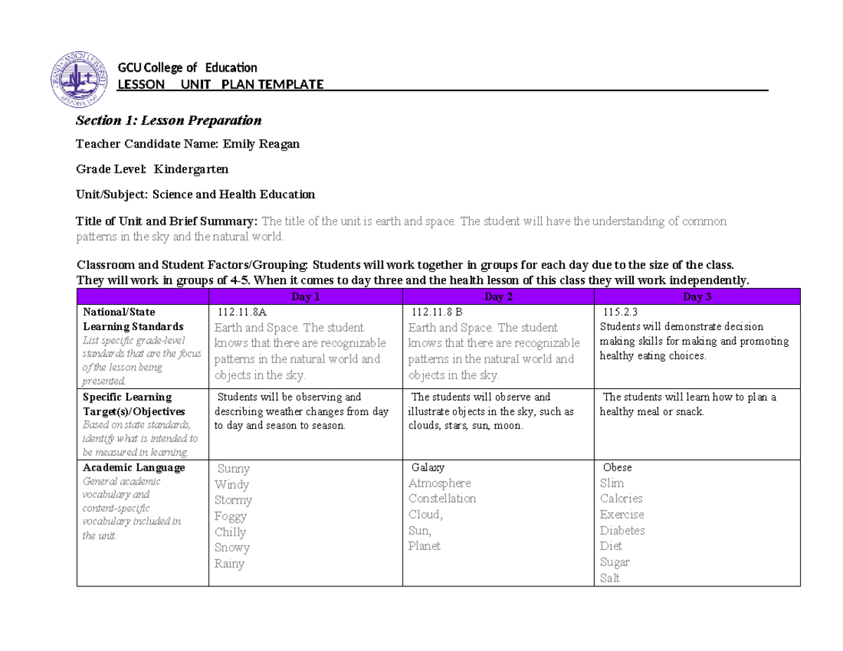 Kindergarten Science & Health Unit Plan: Earth and Space Exploration ...
