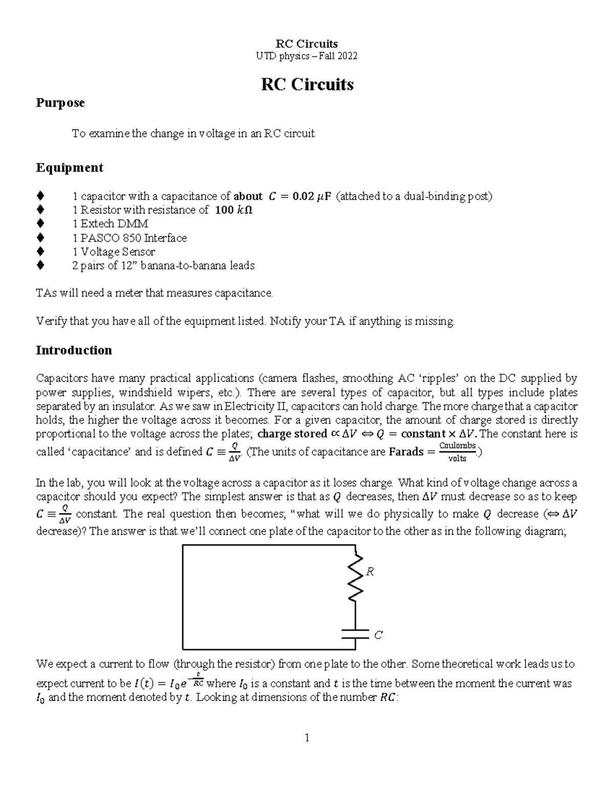 11.0 RC - UTD physics – Fall 2022 RC Circuits Purpose To examine the ...
