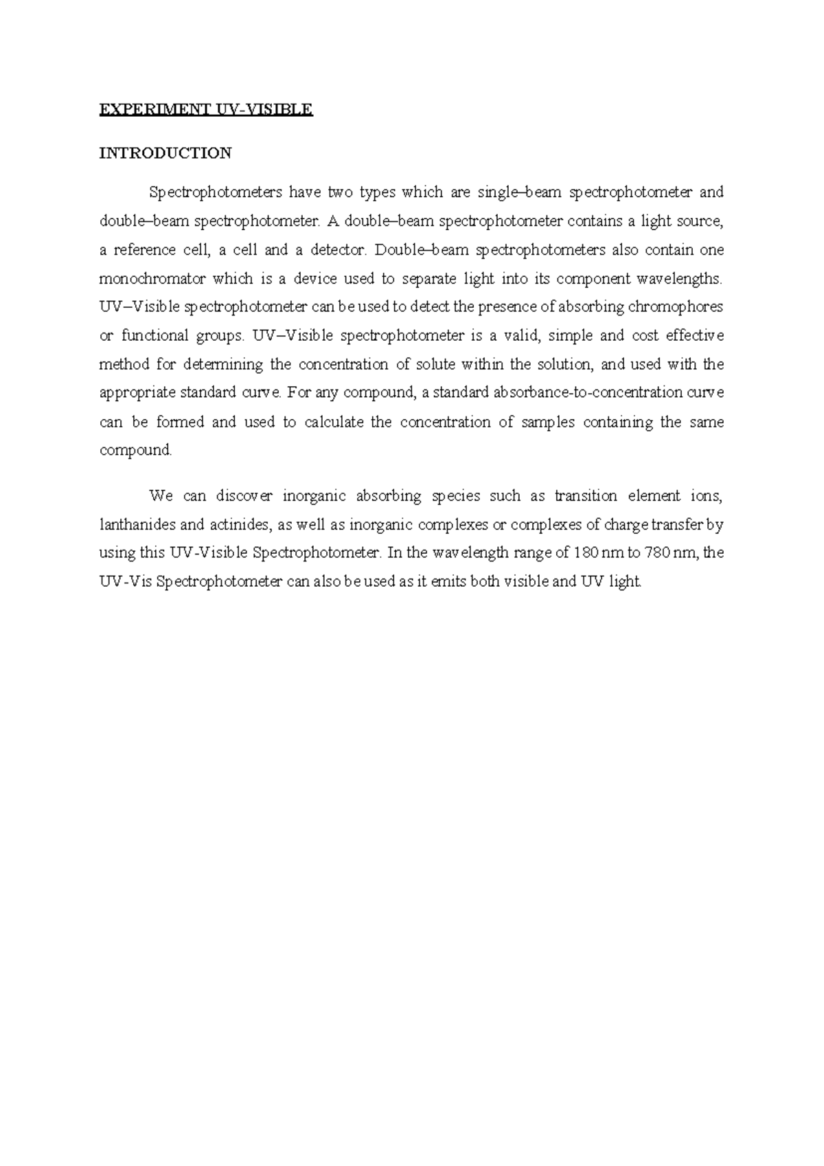 LAB REPORT ON UV-VISIBLE SPECTROSCOPY FST 306 - Studocu