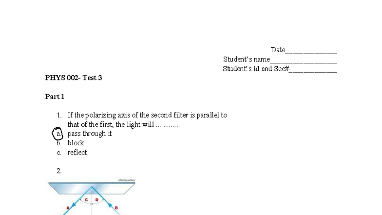 PHYS Test 3 Practice Quiz: Light, Mirrors, and Polarization - Studocu