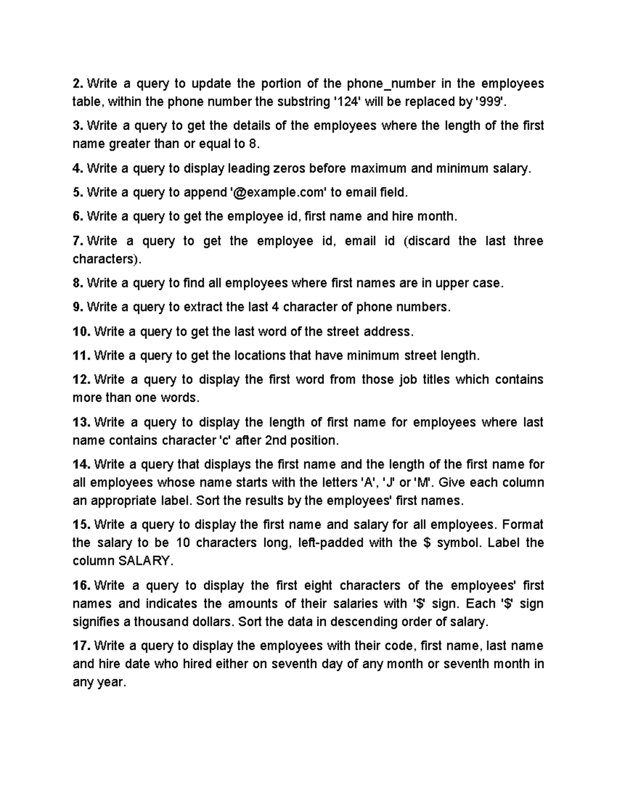 8 Function String Exercises: SQL Queries for Employee Data - Studocu