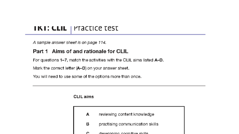 TKT: CLIL Practice Test - Sample Answers and Activities Guide - Studocu