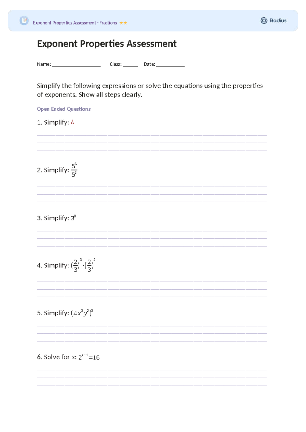 Exponent Properties Practice - Fractions Assessment - Studocu