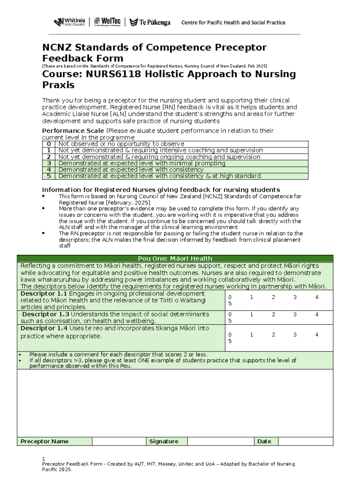 NURS6118 Preceptor Feedback Form: NCNZ Competence Standards 2025 - Studocu