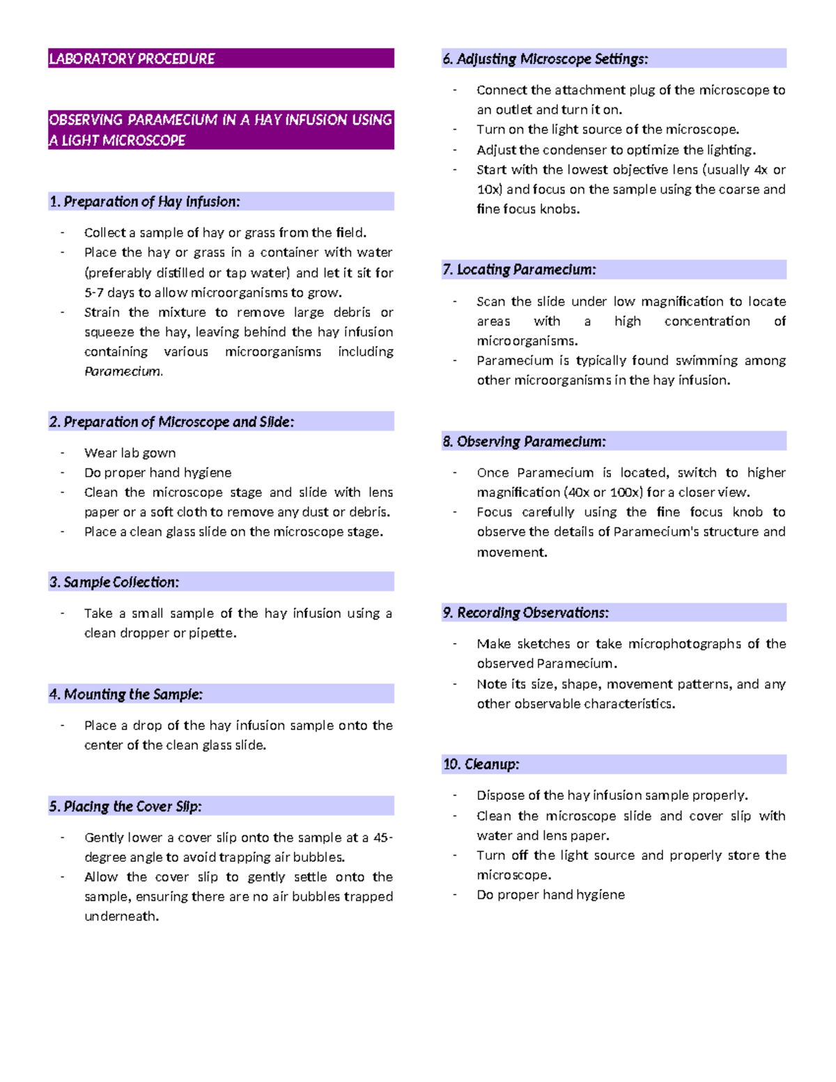 Laboratory Procedures for Observing Paramecium & Bread Molds - Studocu