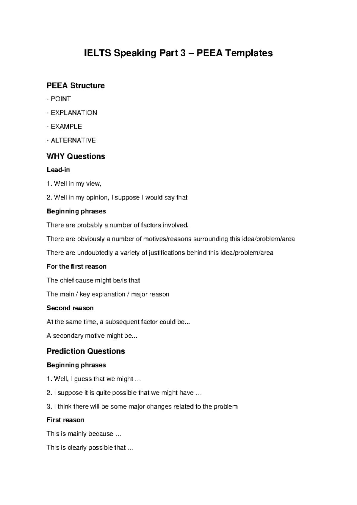IELTS Speaking Part 3 Templates: PEEA Structure & Examples - Studocu