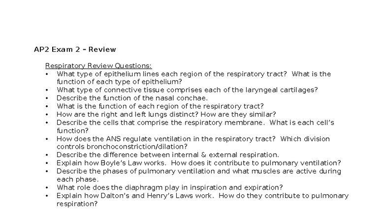 AP2 Exam 2 Review: Respiratory, Lymphatic & Digestive Systems - Studocu