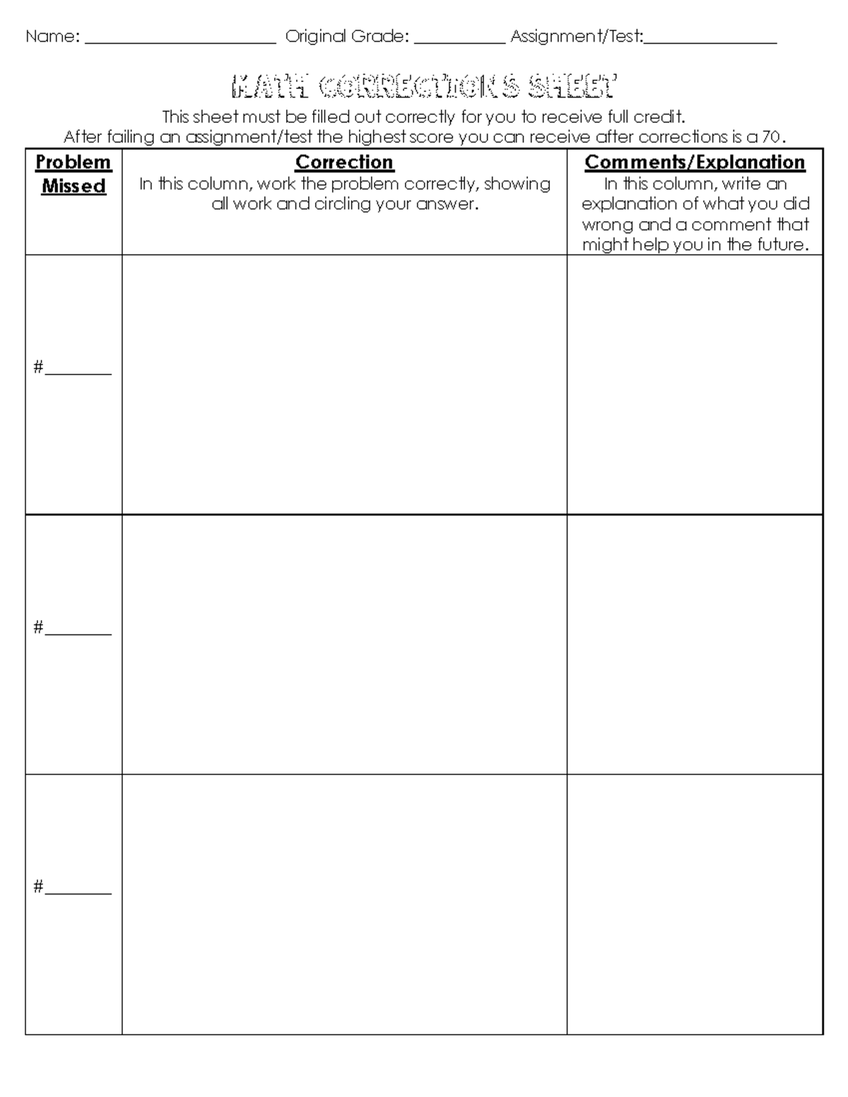 Math Correction Sheet - Huhh - Name: _______________________ Original ...