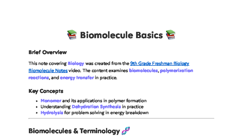9th Grade Freshman Biology Biomolecule Notes - The content examines ...
