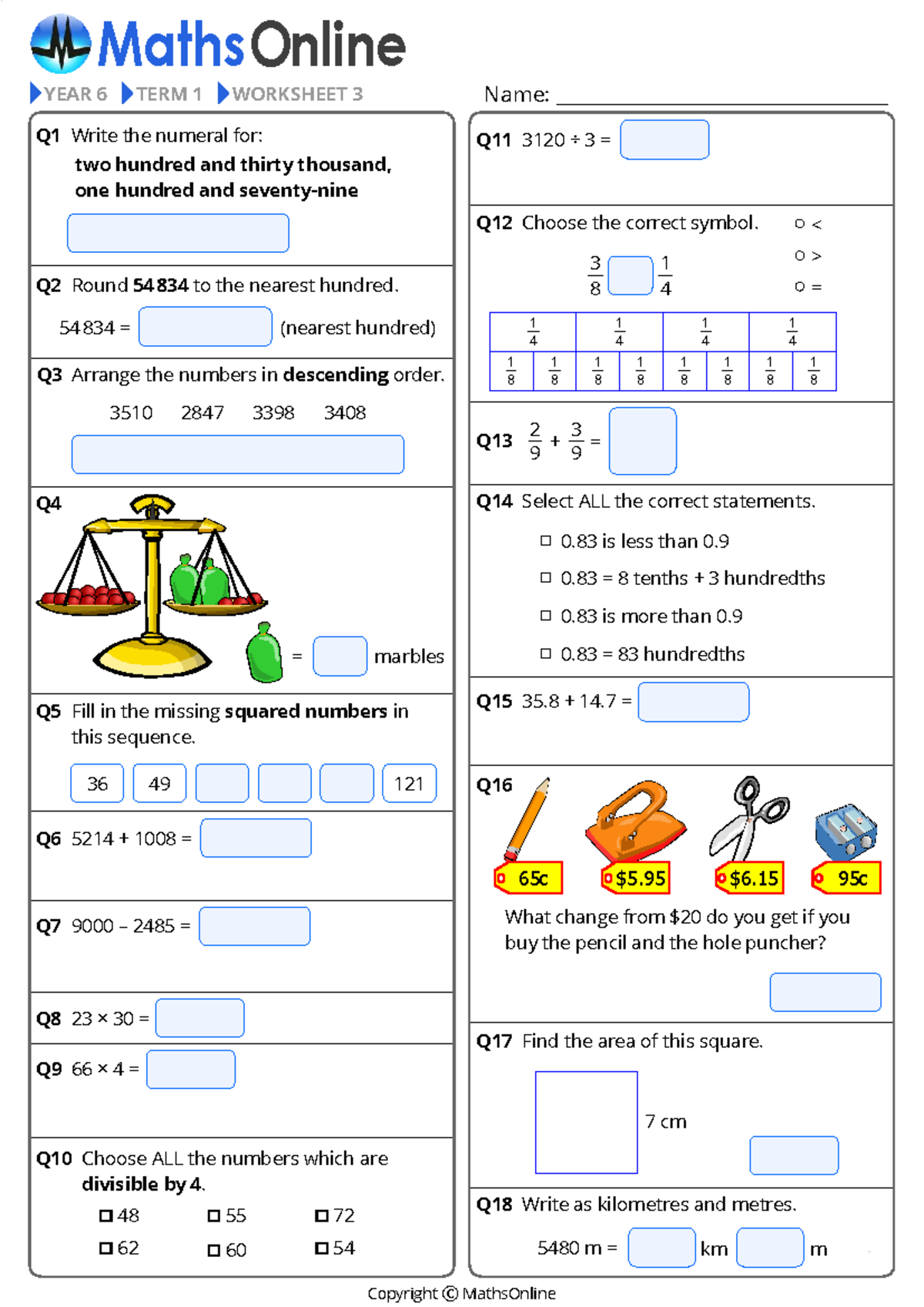 MathsOnline YEAR 6 TERM 1 WORKSHEET 3 - Week 3 Exercises - Studocu