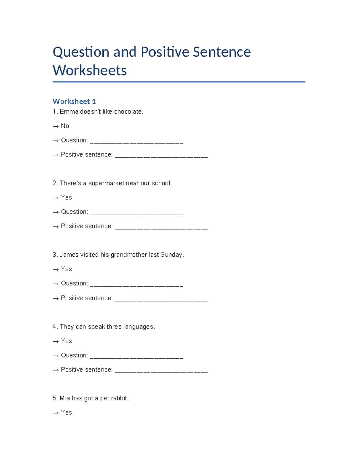 Question and Positive Sentence Worksheets: Practice Exercises - Studocu