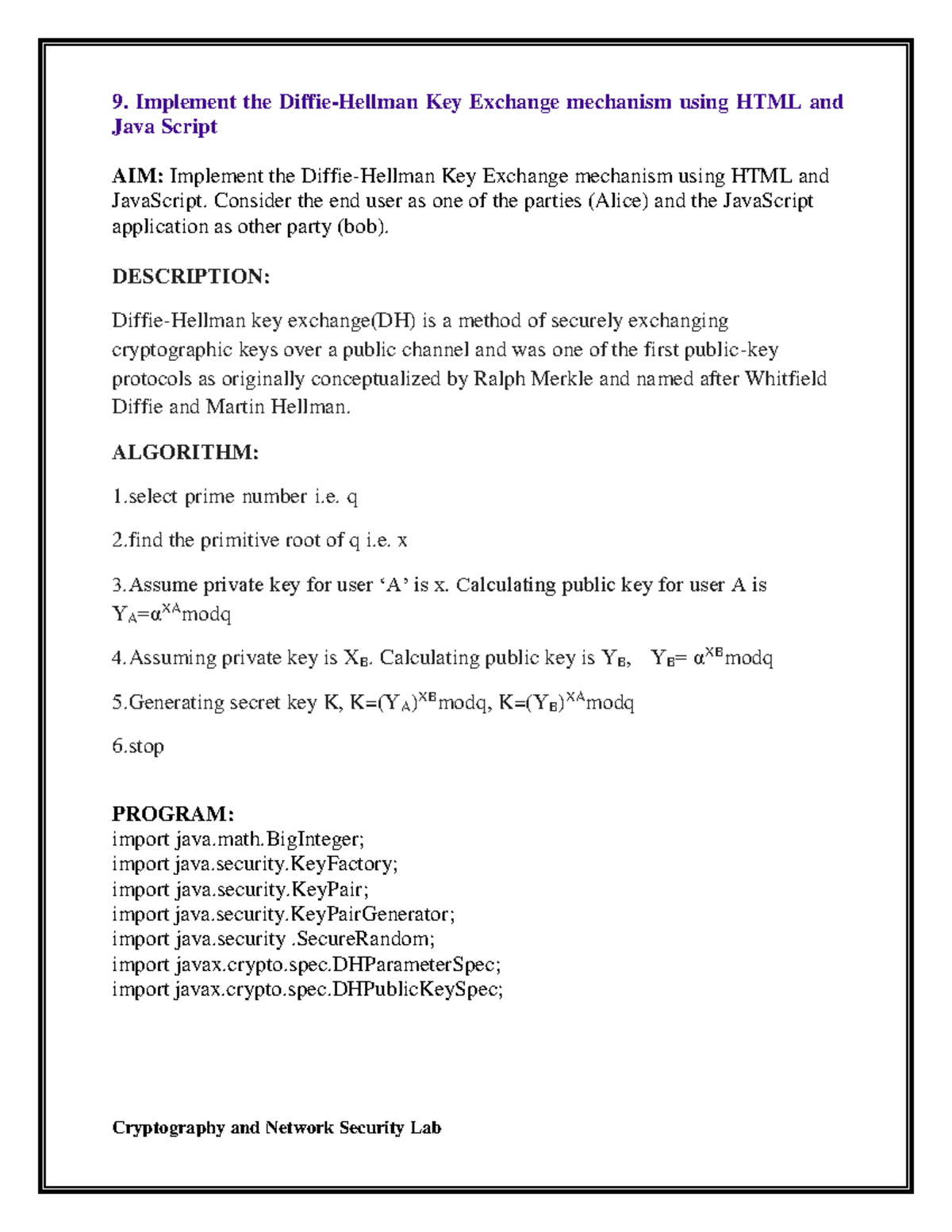 CNS LAB 9-11: Diffie-Hellman & SHA-1/MD5 Programs in Java - Studocu