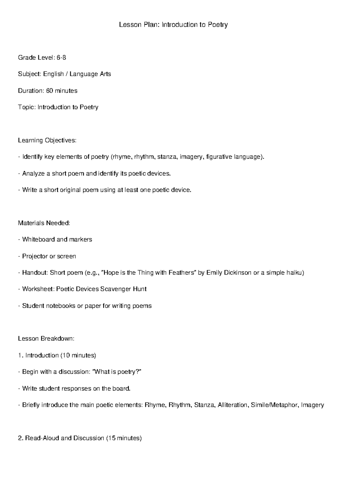 Poetry Lesson Plan: Introduction to Poetry (ELA) - Studocu