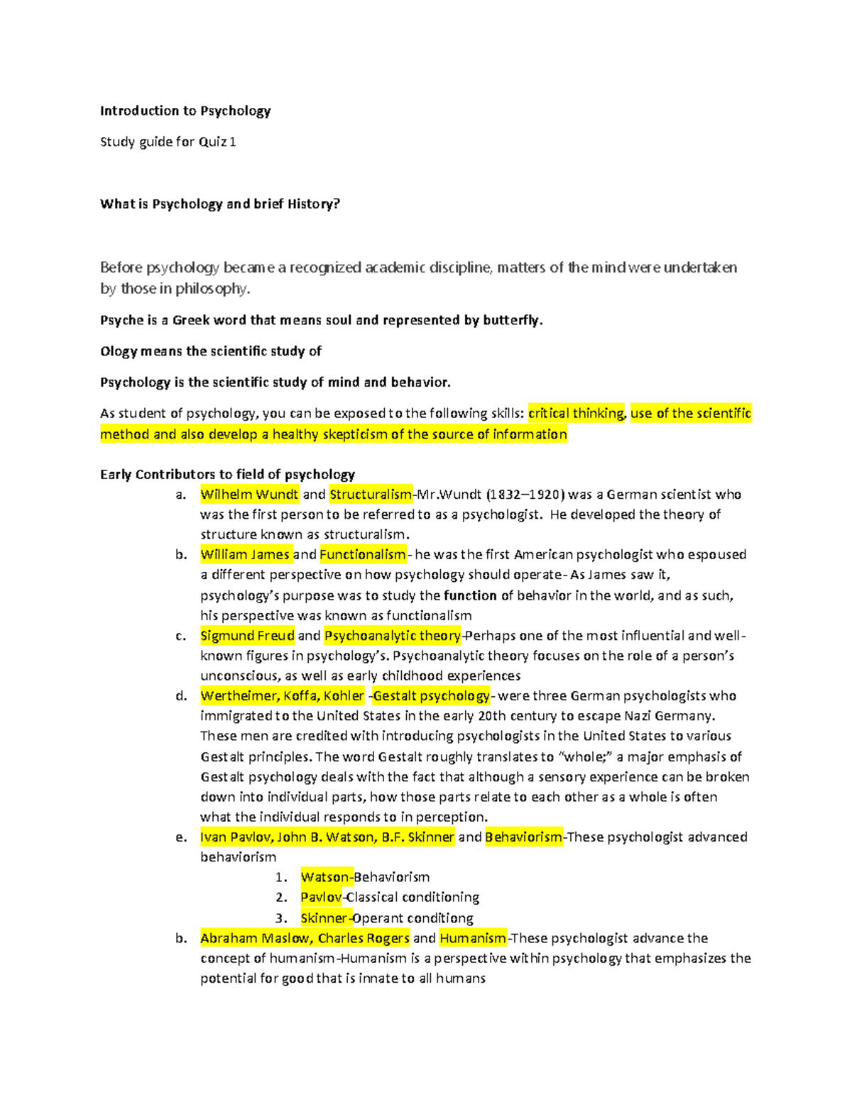 Introduction to Psychology: Quiz 1 Study Guide (PSY 101) - Studocu