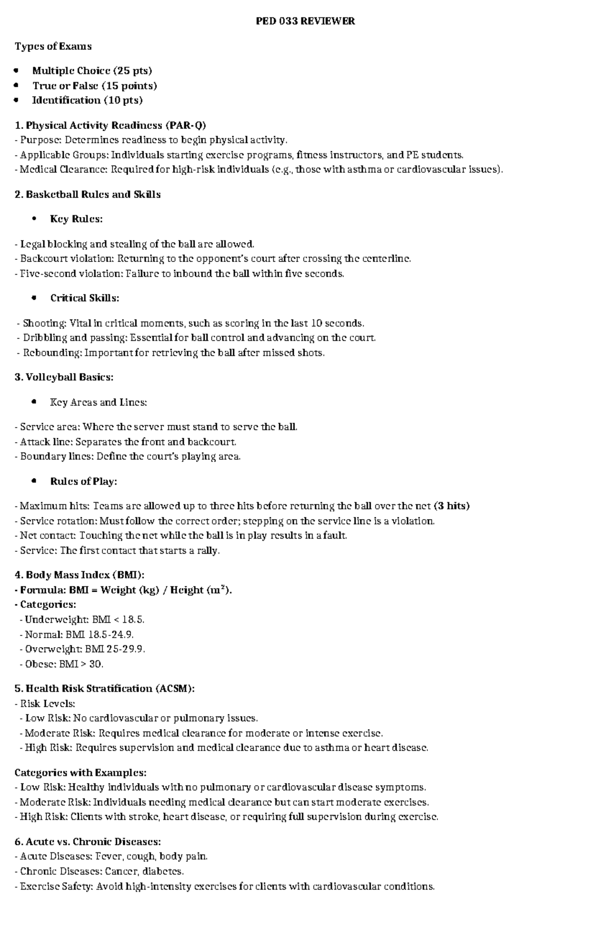 PED-033 Final Exam Reviewer: Key Concepts in Health & Sports Science - Studocu