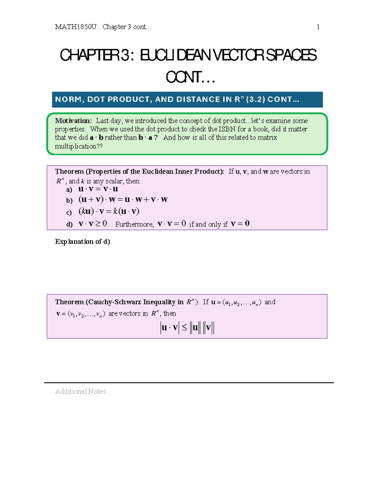 MATH1850U: Chapter 3 - Euclidean Vector Spaces and Geometry - Studocu