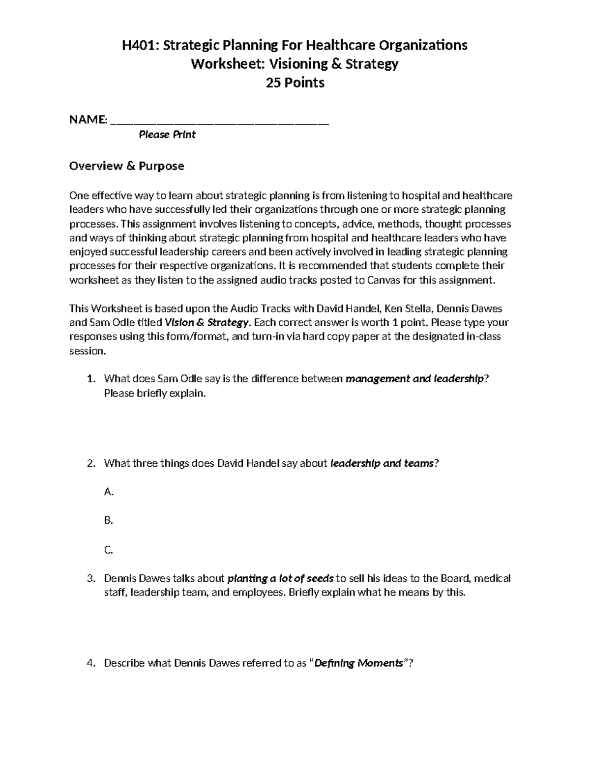 Healthcare Leadership & Strategy Worksheet (25 Points) - Studocu