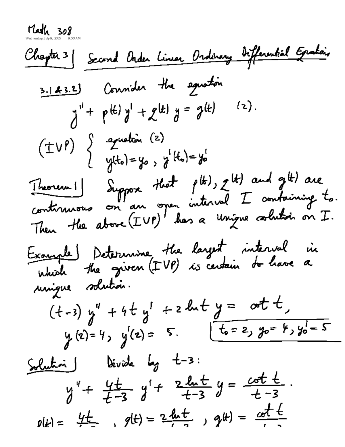 Math 308 Lecture 5 Notes: Second Order Linear ODEs - Studocu