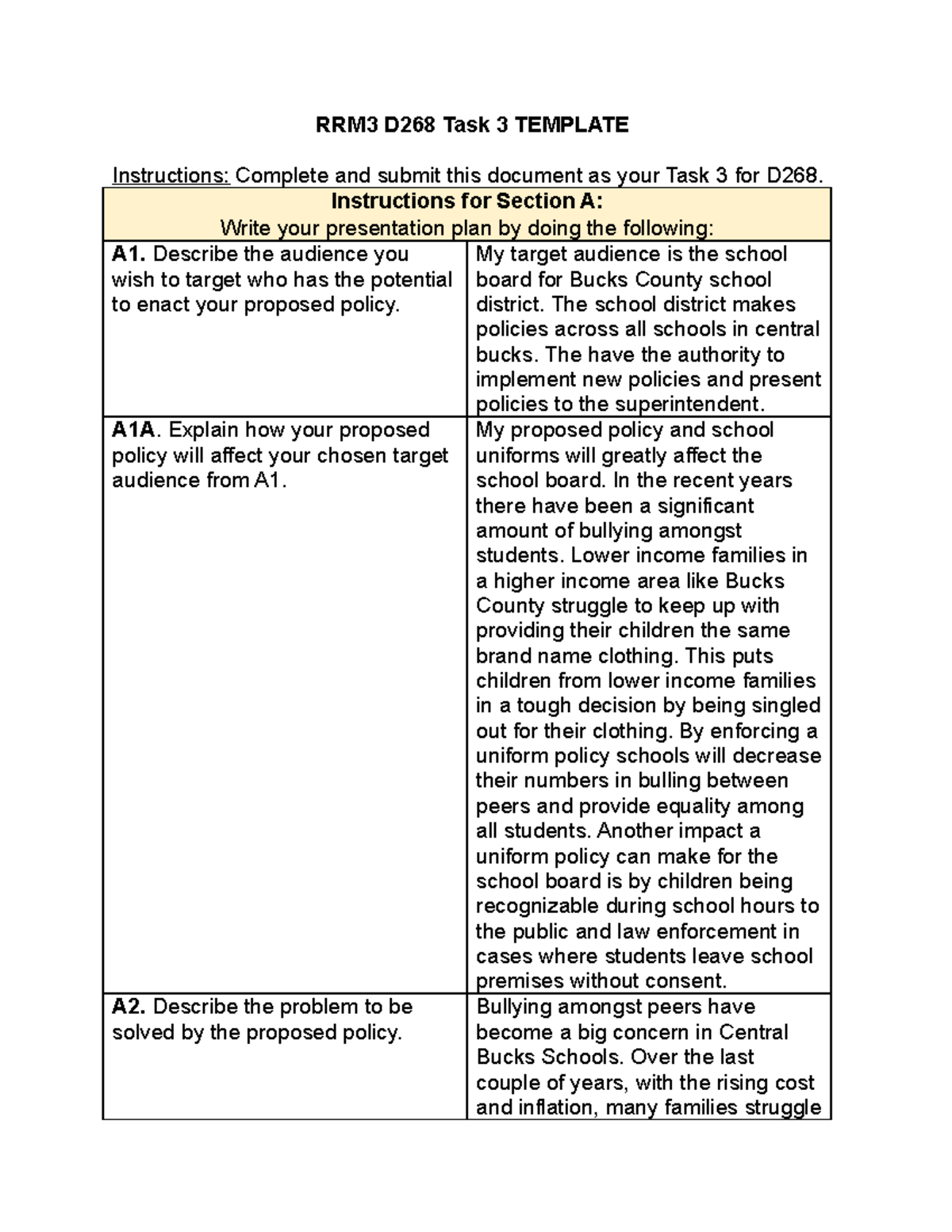 RRM3 D268 Task 3: School Uniform Policy Proposal and Impact Analysis ...