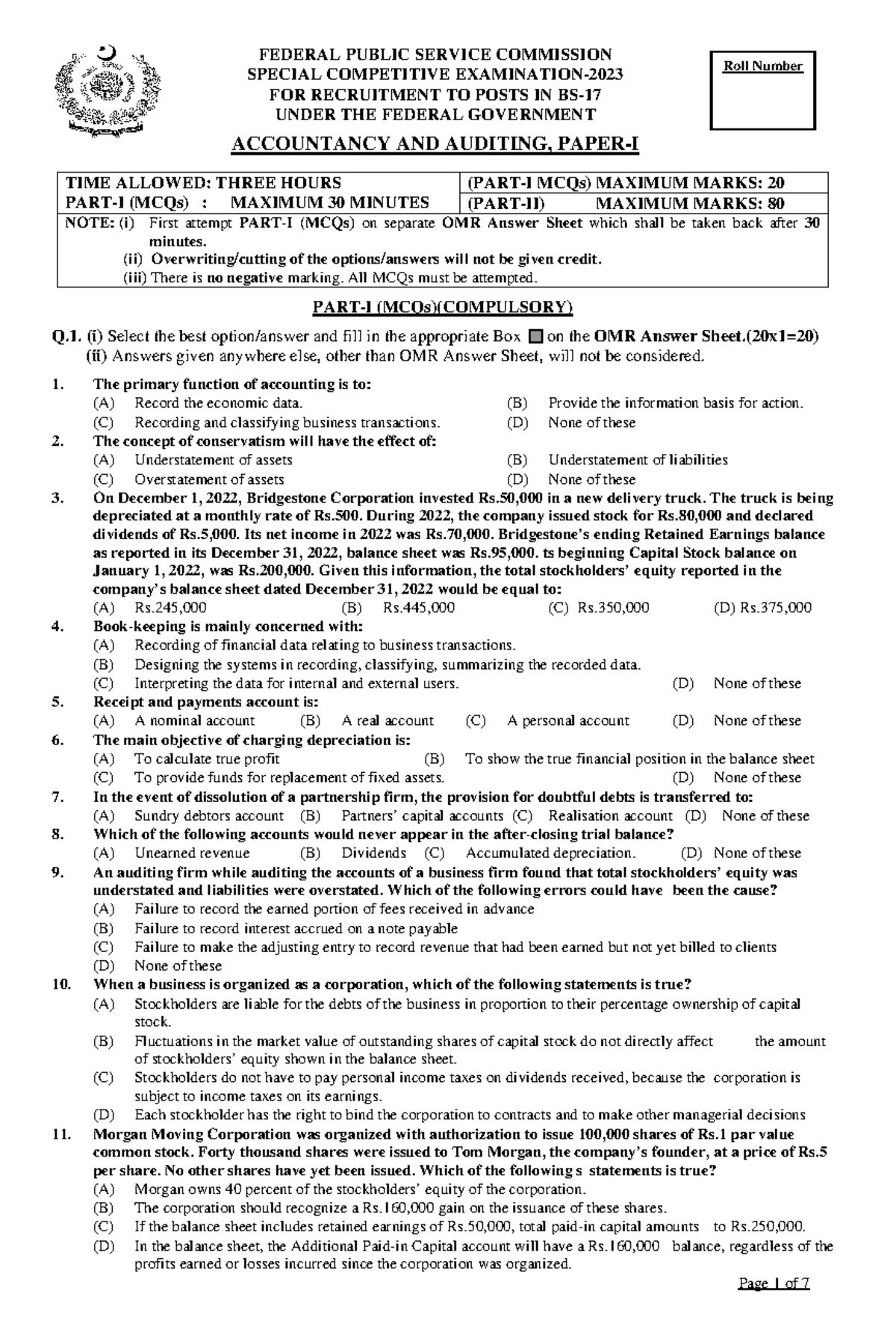 CSS ACCOUNTING PAPER - MCQs & Case Studies for Exam Preparation - Studocu