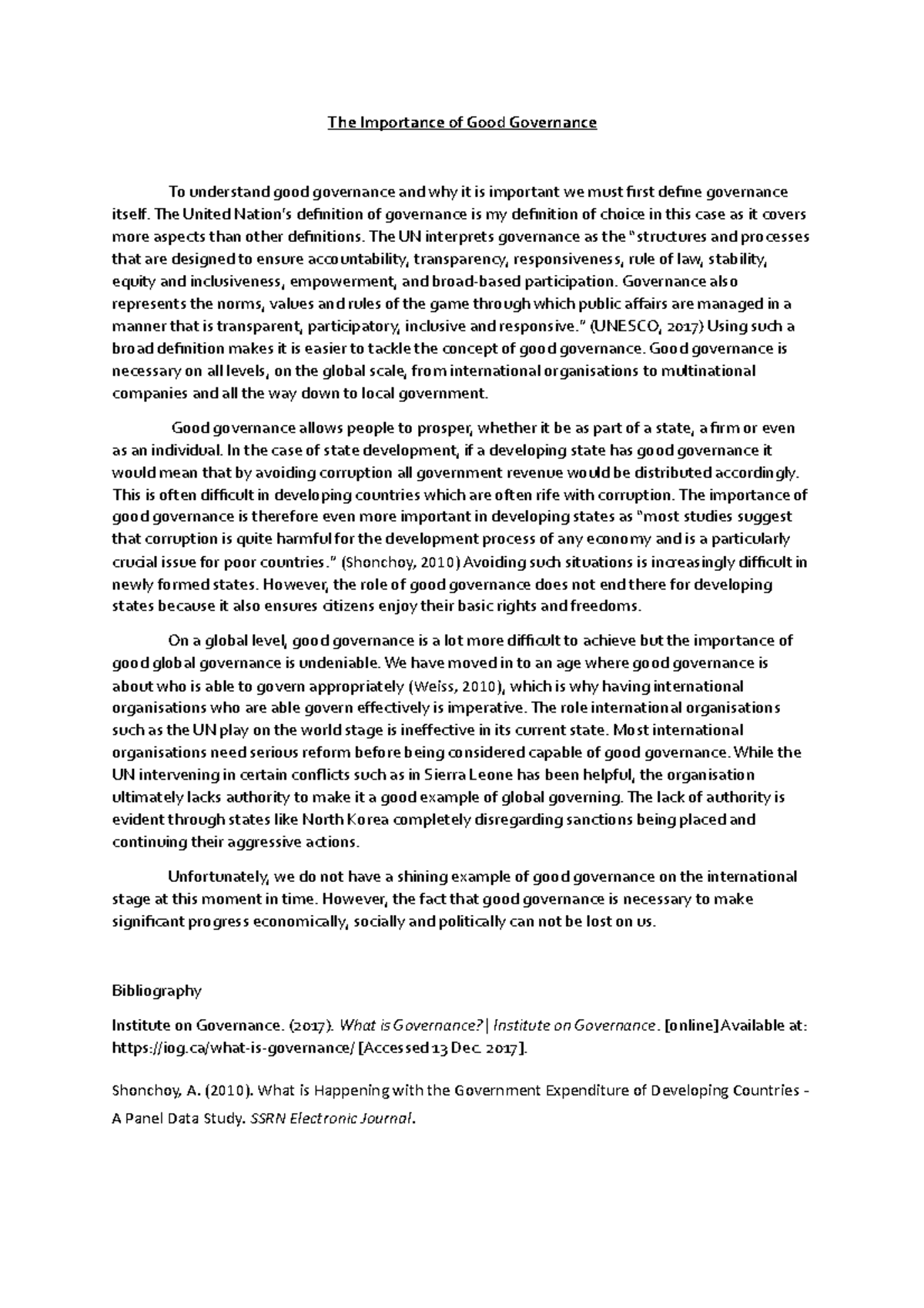 The Role and Importance of Good Governance in Development - Studocu