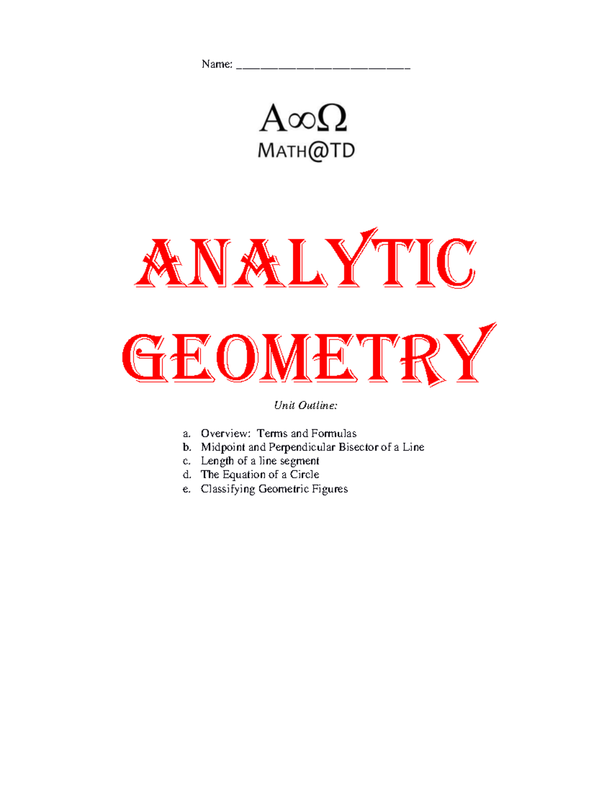 00 Analytic Geometry Unit Outline and Key Concepts - Studocu