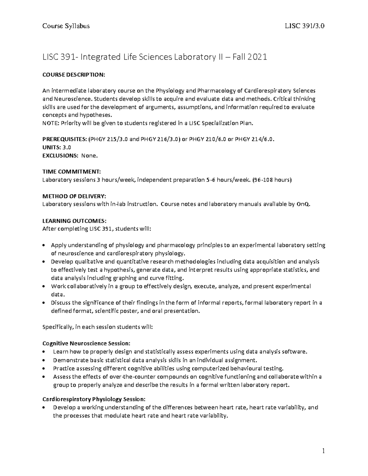 LISC 391 Syllabus - Integrated Life Sciences Laboratory II Overview ...